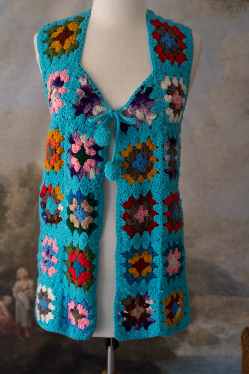 Vintage 70s Handmade Granny Square Aqua Blue Vest Maximalist Boho ...