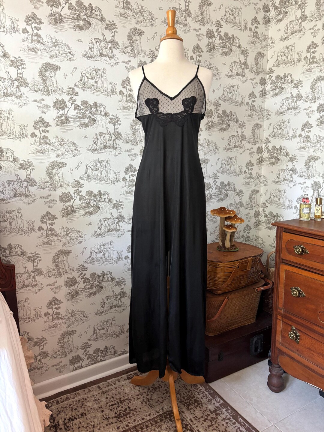 Vintage 80s Sheer Bust Black Nightgown - Lace Applique, High Slit, Size ...