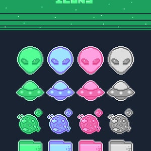 Alien Themed Pixel Art Computer Desktop Icon Set With Plain and ...