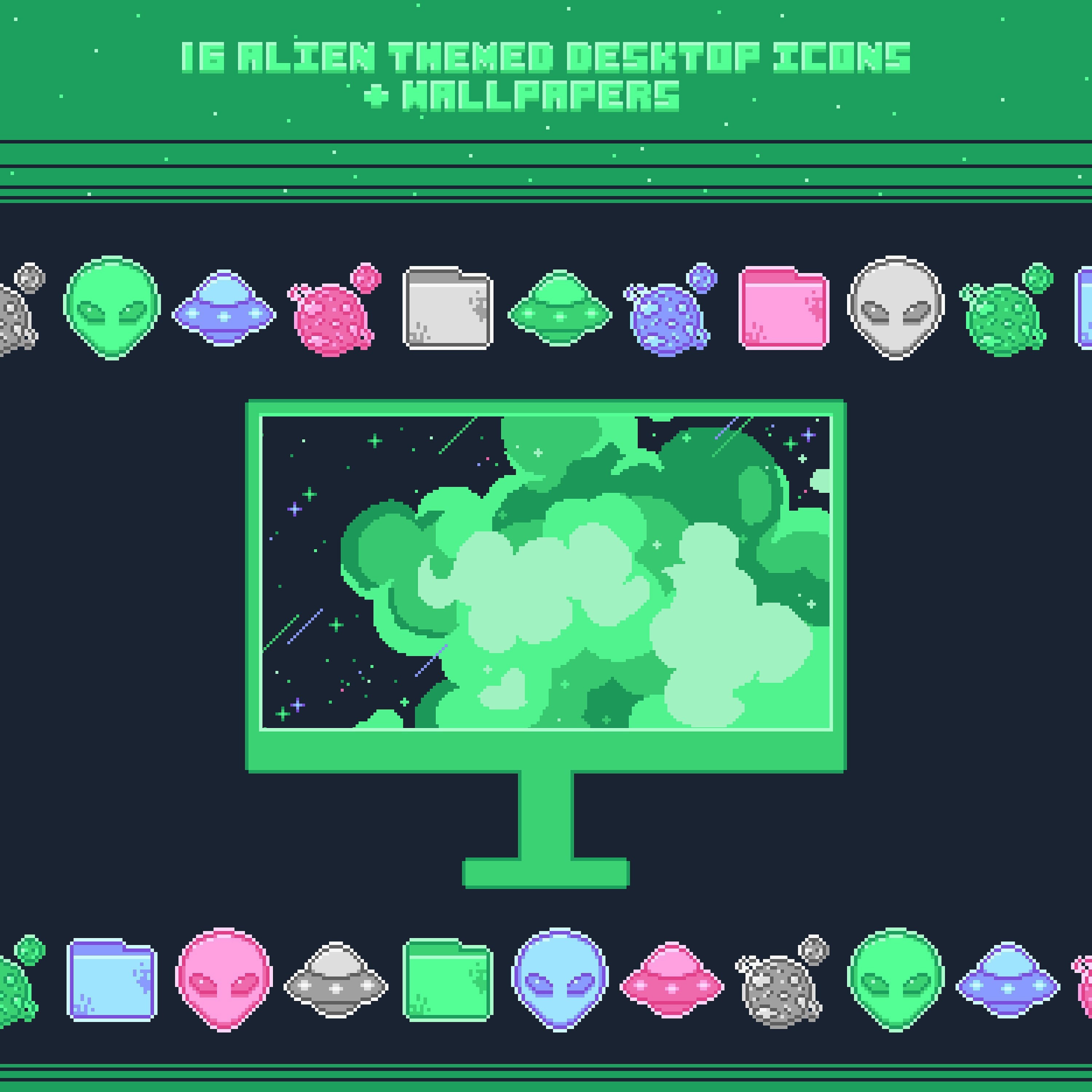Alien Themed Pixel Art Computer Desktop Icon Set With Plain and ...
