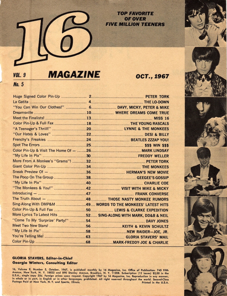 16 Magazine October 1967 PDF Magazine Digital Download Peter Tork ...