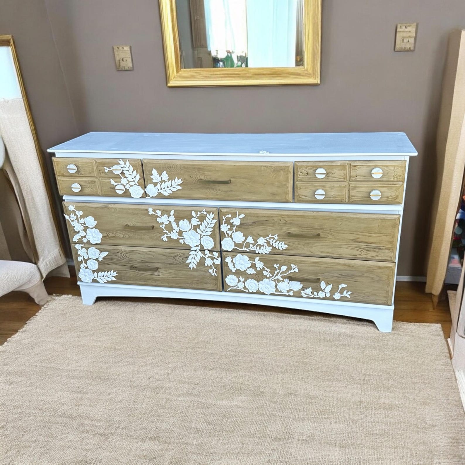 SOLD*** White and Wood Grain Dresser / 7 Drawers / Epoxy Florals - Etsy