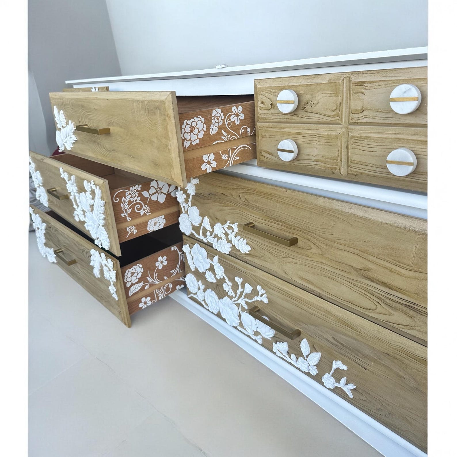 SOLD*** White and Wood Grain Dresser / 7 Drawers / Epoxy Florals - Etsy