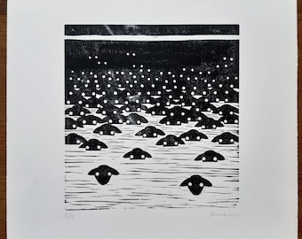 Hand Pulled, Limited Edition Linocut Print of Sheep - Etsy