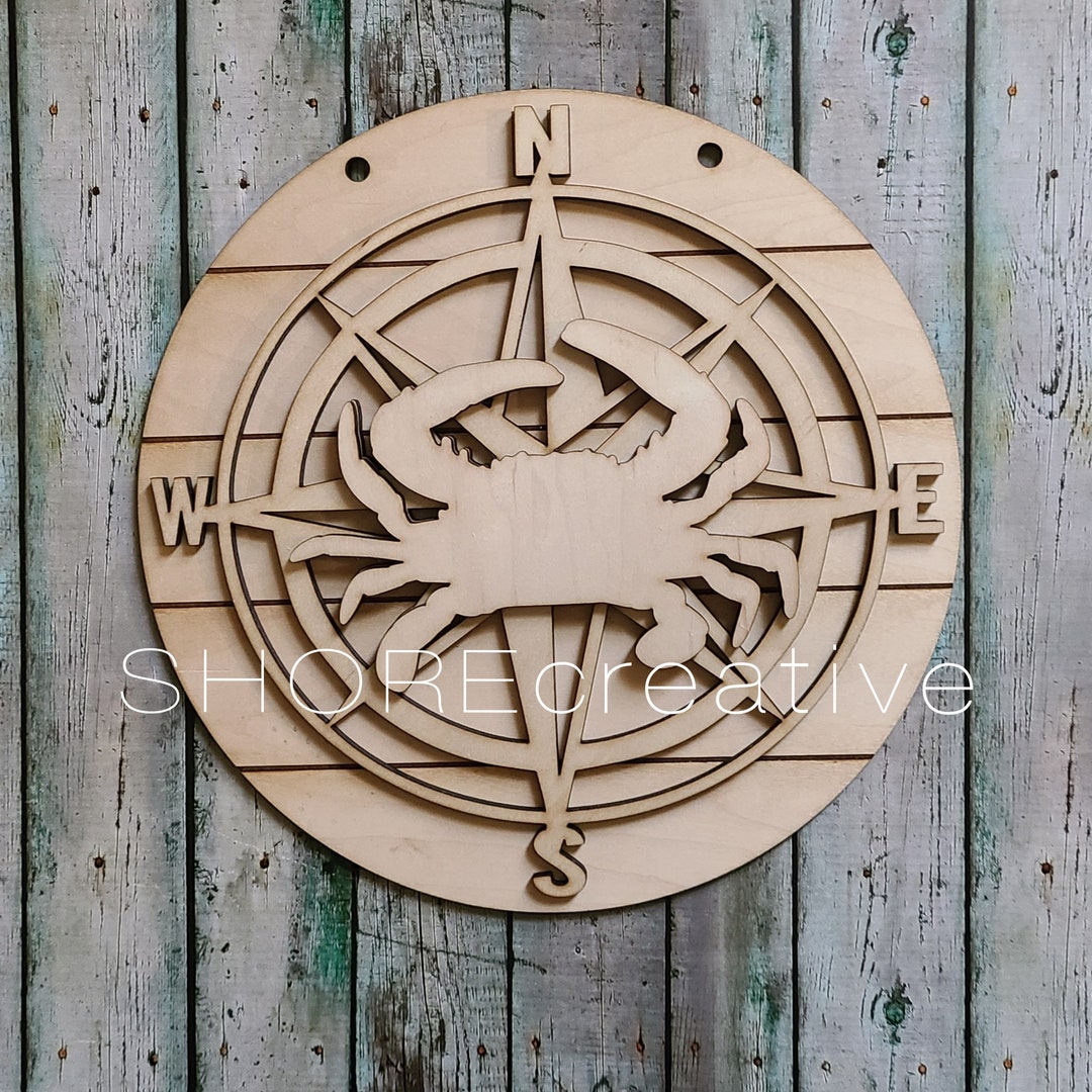 Compass With Crab and Shiplap Backer Door Hanger, Unfinished Wooden ...