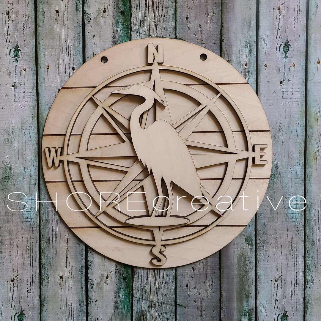 Compass With Heron and Shiplap Backer Door Hanger, Unfinished Wooden ...