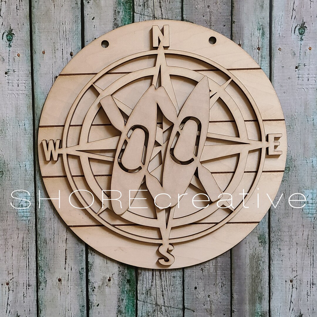 Compass With Kayaks and Shiplap Backer Door Hanger, Unfinished Wooden ...