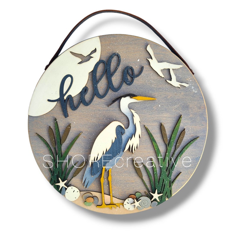 Heron Round Door Hanger, Wall Hanging, Blue Heron Hello, Coastal Decor ...