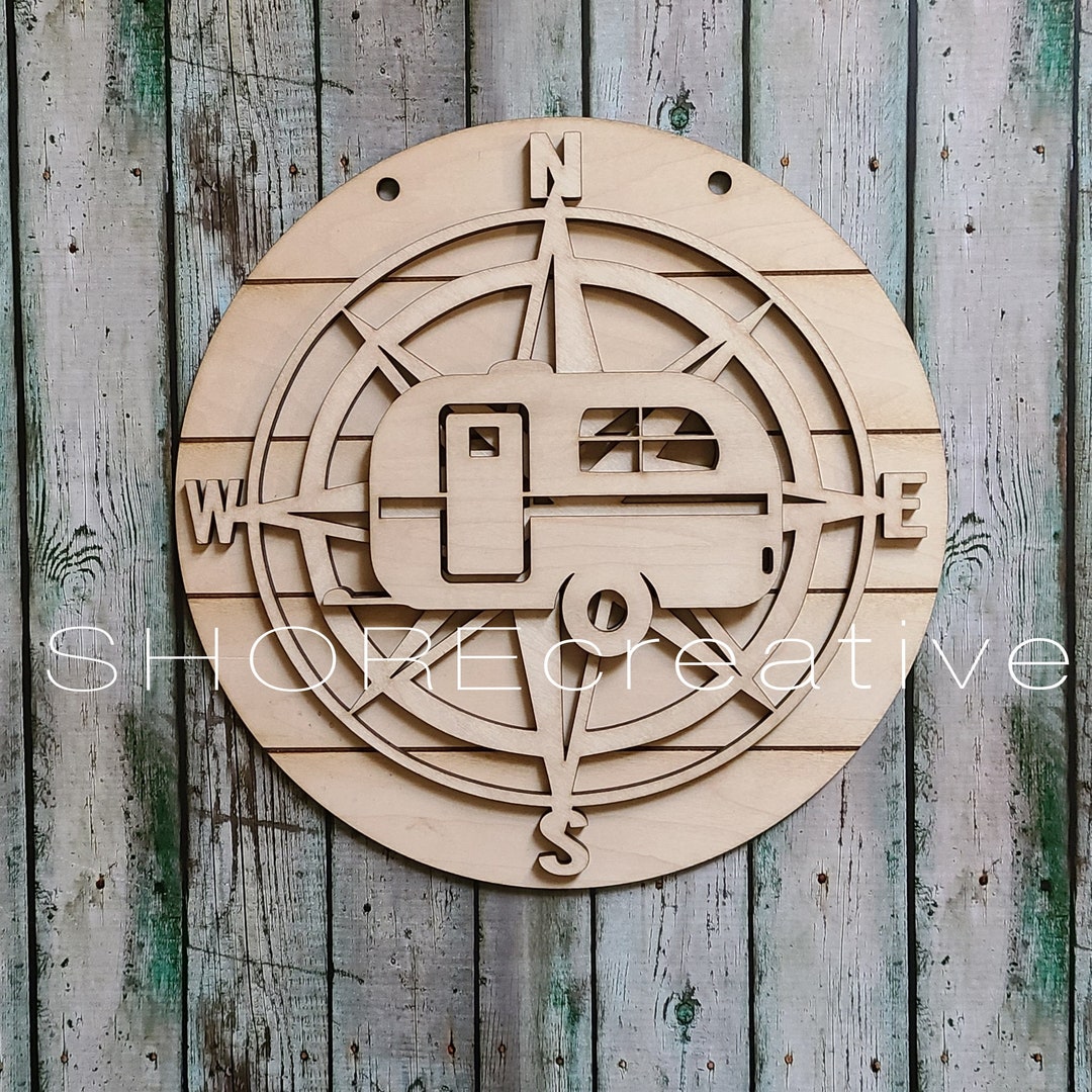 Compass With Camper and Shiplap Backer Door Hanger, Unfinished Wooden ...