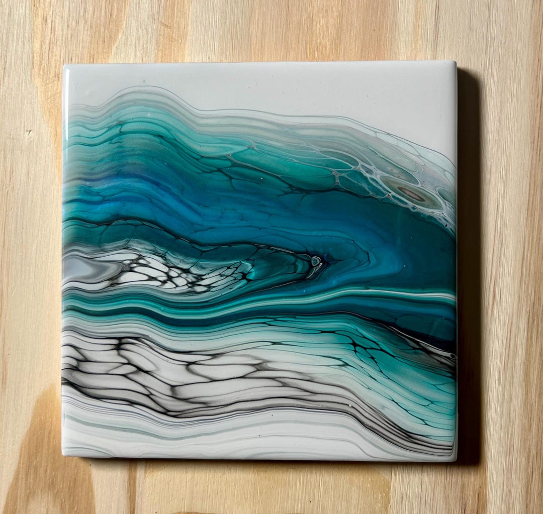6” Blue, Teal & White Acrylic Pour Trivet - Etsy