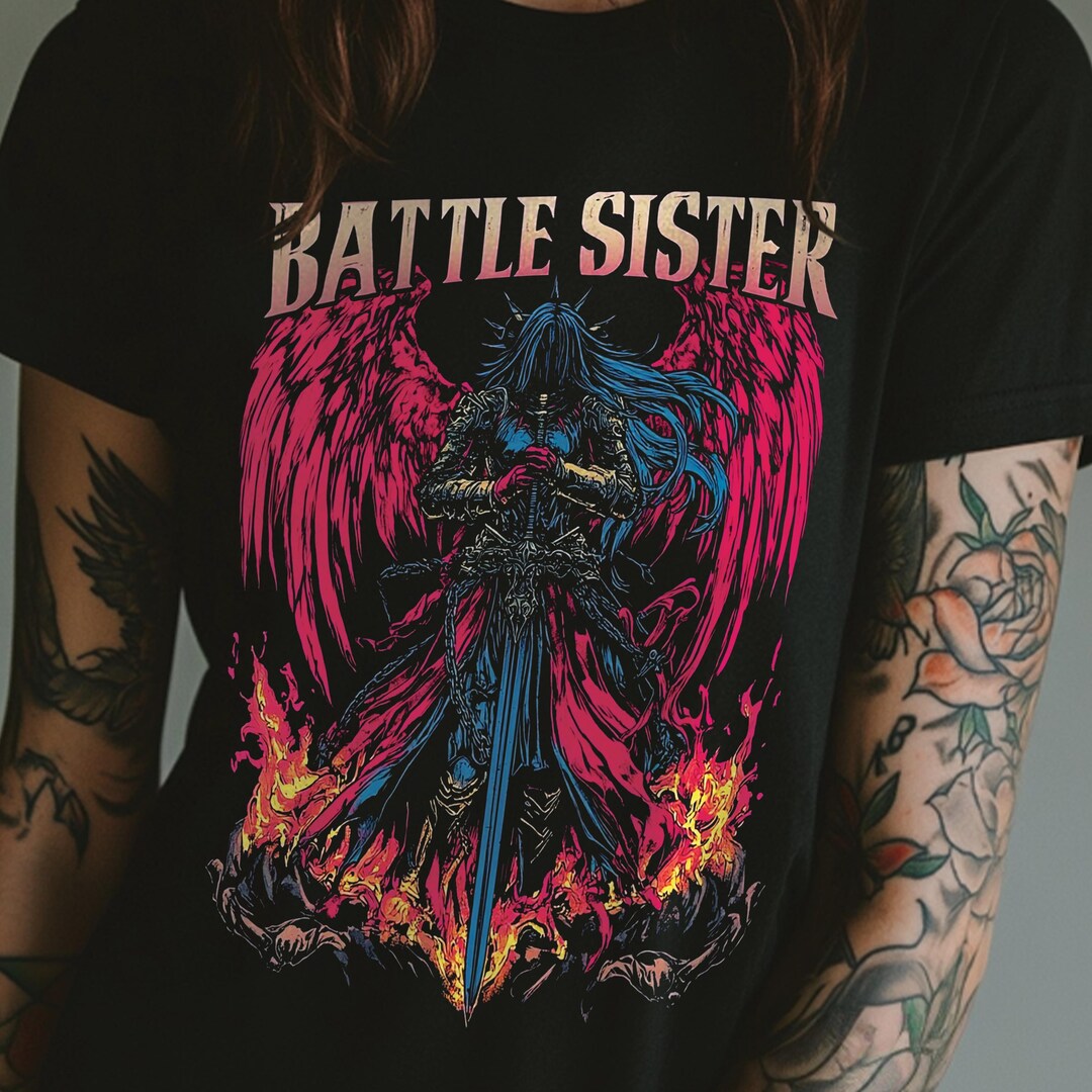 Battle Sister Tee, Fantasy Warrior Art, Dark Angel Design, Female ...