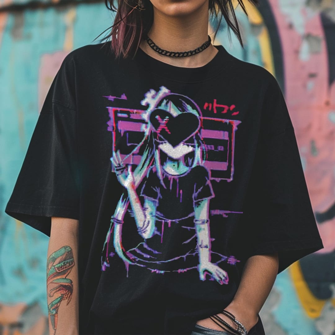 Glitchcore Cyberpunk Tshirt, Virtual Reality VR Headset Anime Fashion ...