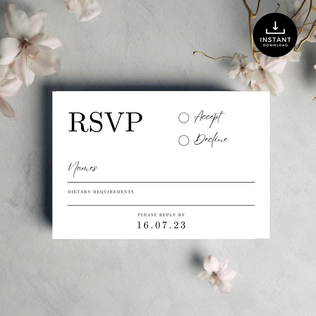 Wedding RSVP Card Template, Diy Wedding Response, Black & White ...