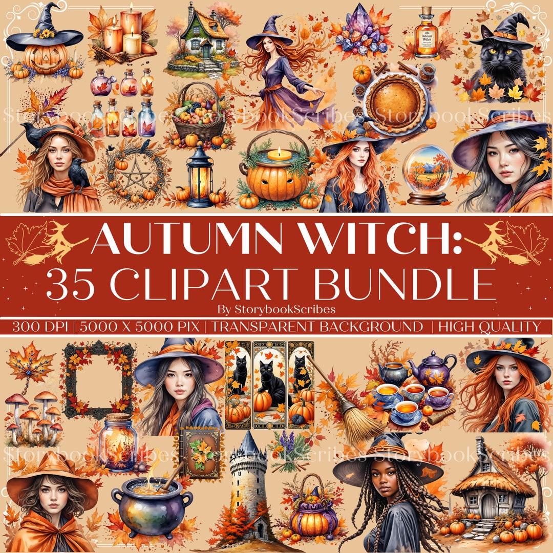 35 Autumn Witch Watercolor Clipart PNG | 300 DPI | Instant Download ...