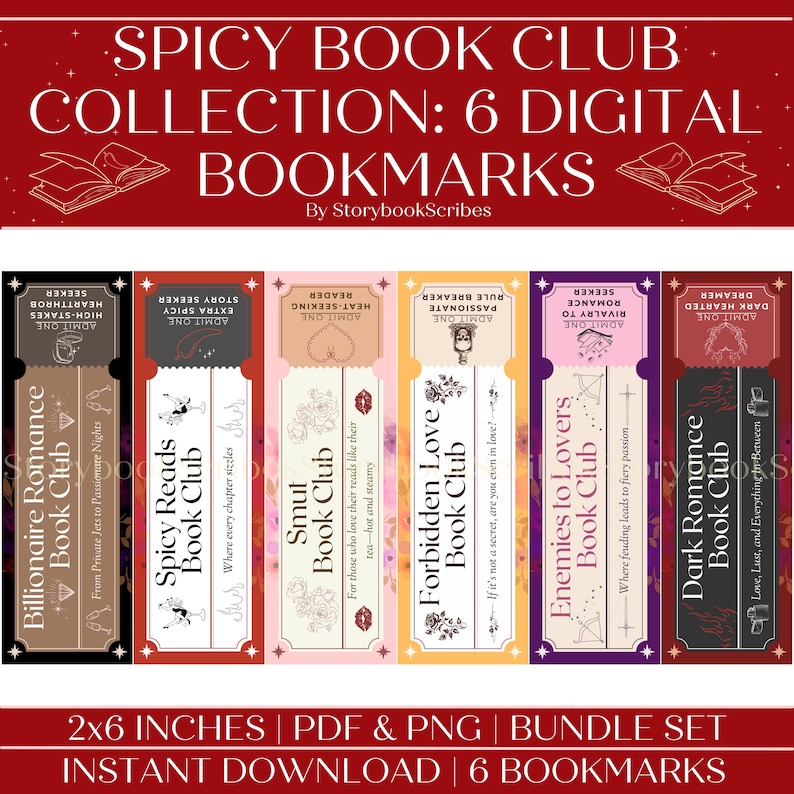 6 Spicy Book Club Printable Bookmarks | Instant Download PNG PDF | Dark ...