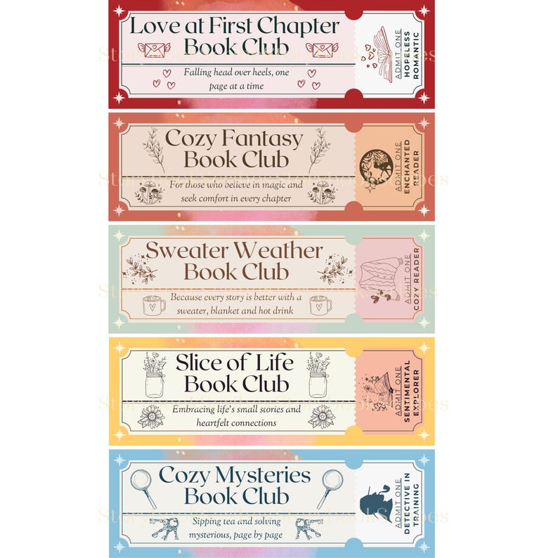 5 Cozy Lit Book Club Printable Bookmarks | Instant Download | Aesthetic ...