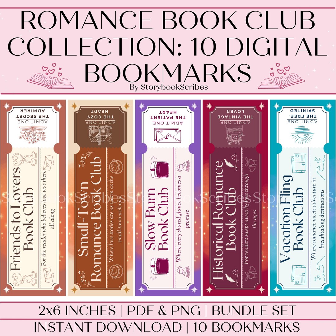 10 Romance Book Club Printable Bookmarks | Instant Download PNG PDF ...