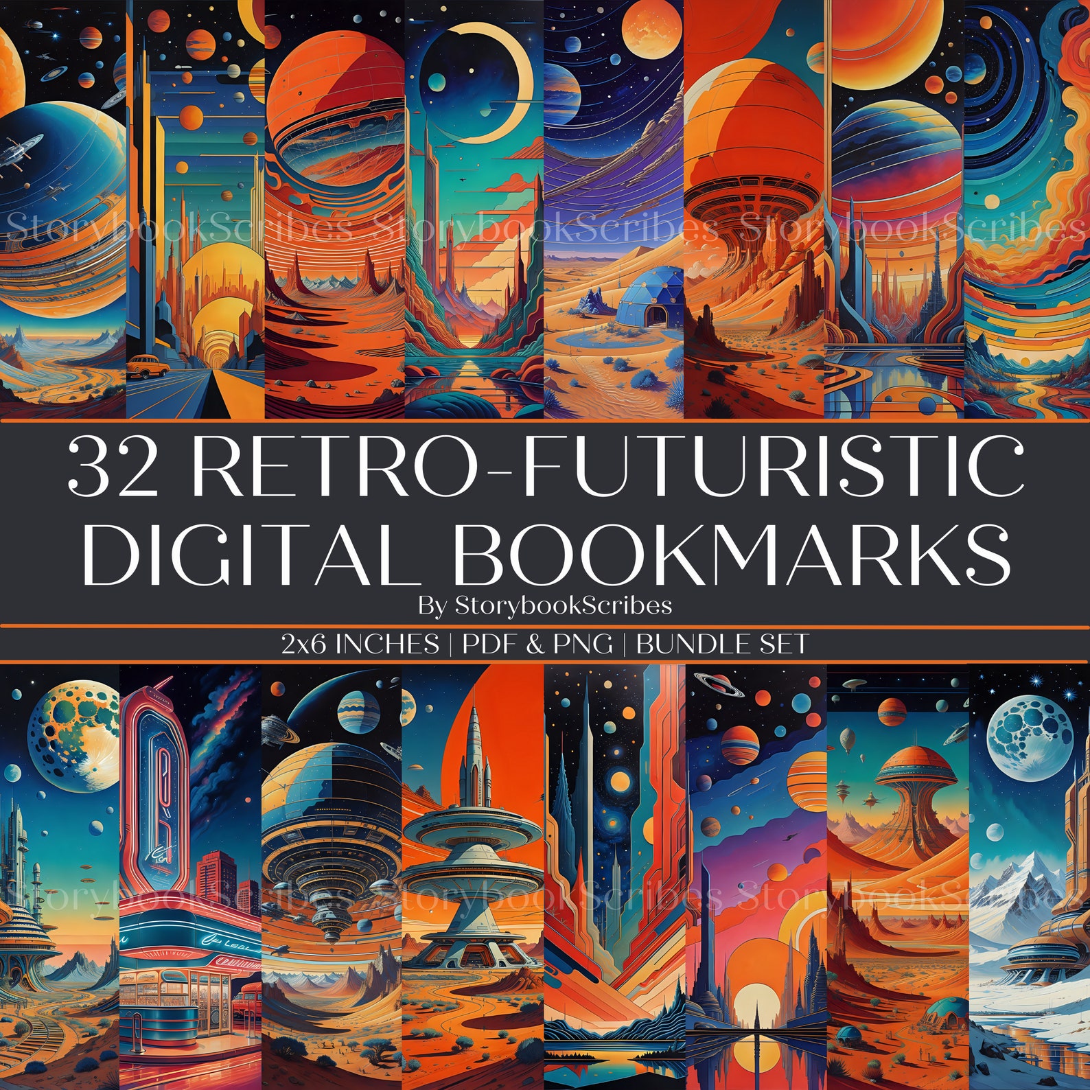 32 Retro Futuristic Printable Bookmarks | Instant Download PNG & PDF ...