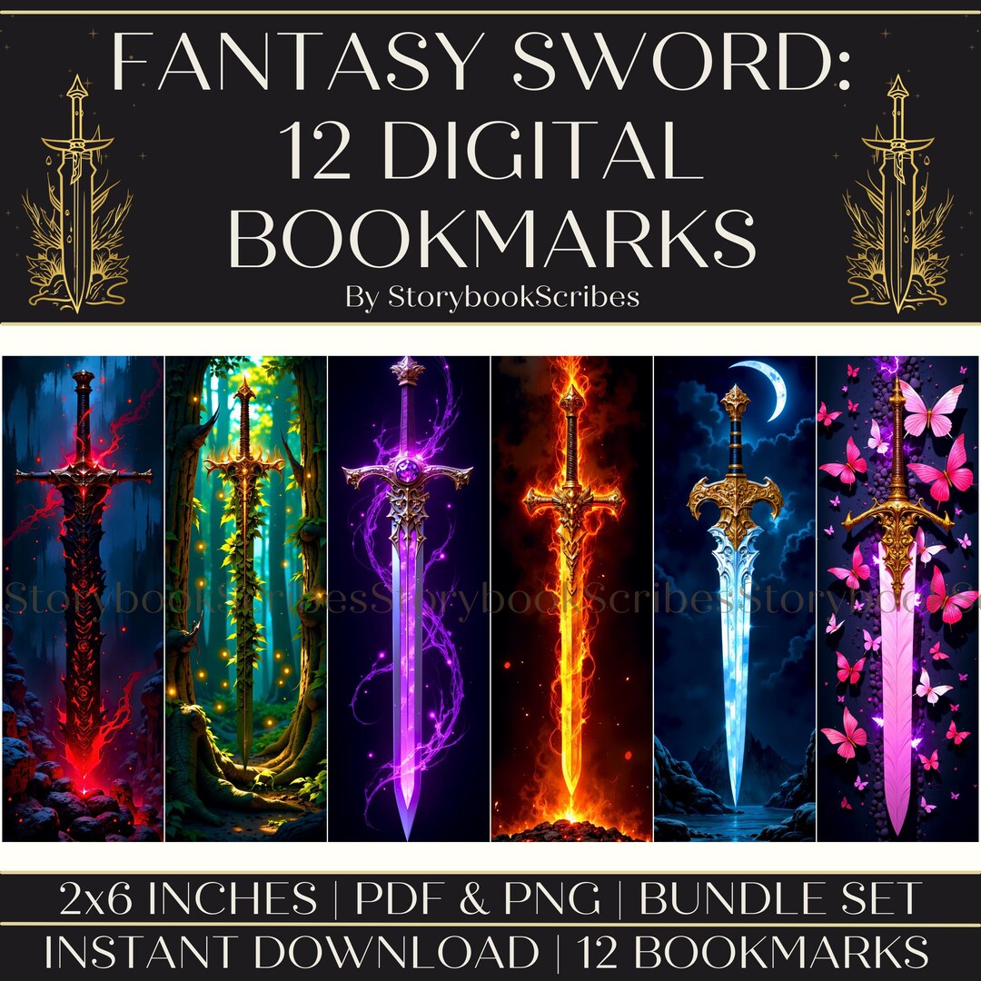 12 Fantasy Sword Printable Bookmarks | Instant Download PNG PDF ...