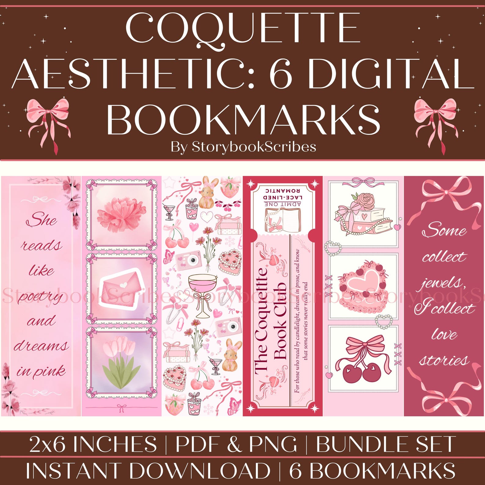 6 Coquette Aesthetic Printable Bookmarks | Instant Download PNG PDF ...