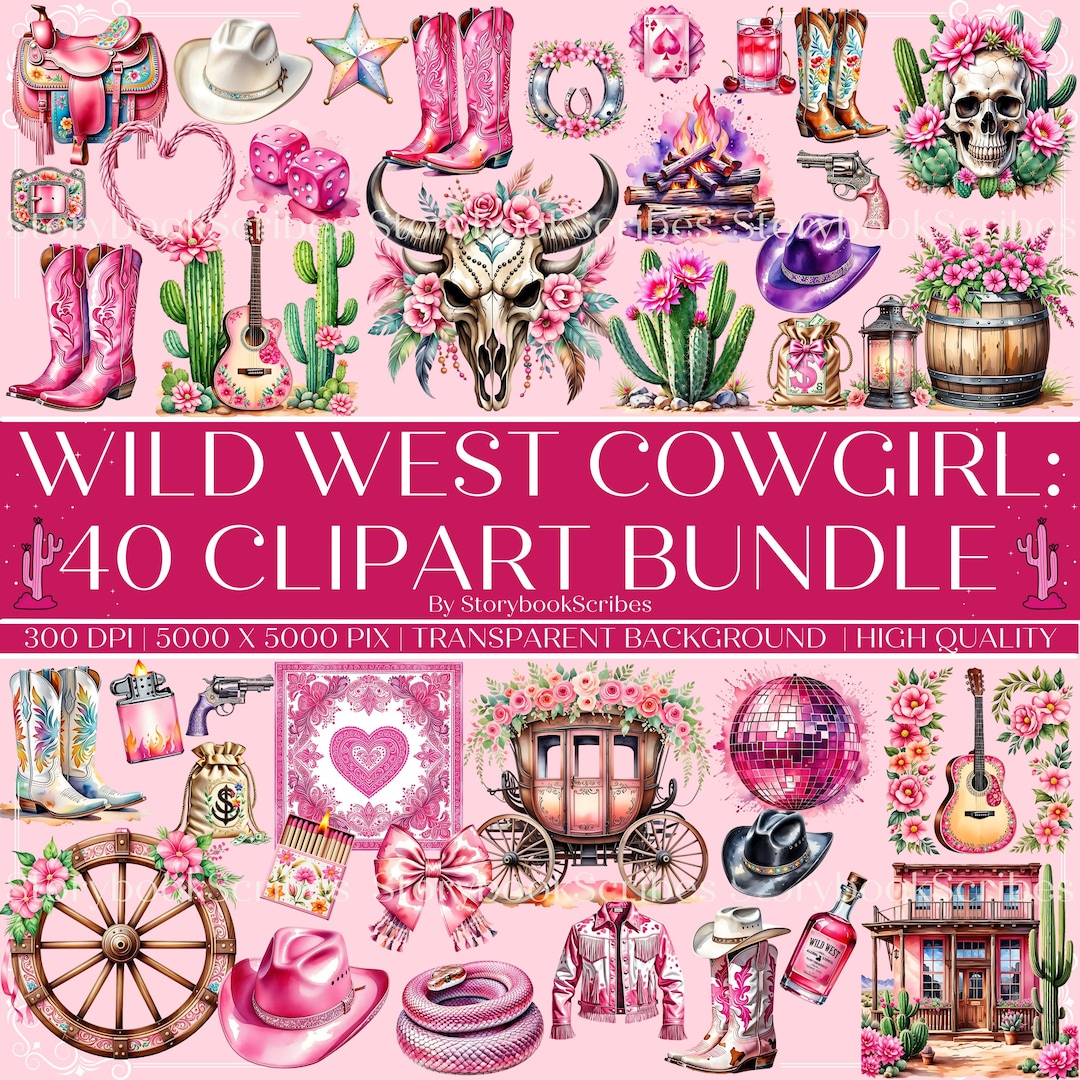 40 Pink Wild West Cowgirl Clipart Bundle | Instant Download PNG | 300 ...