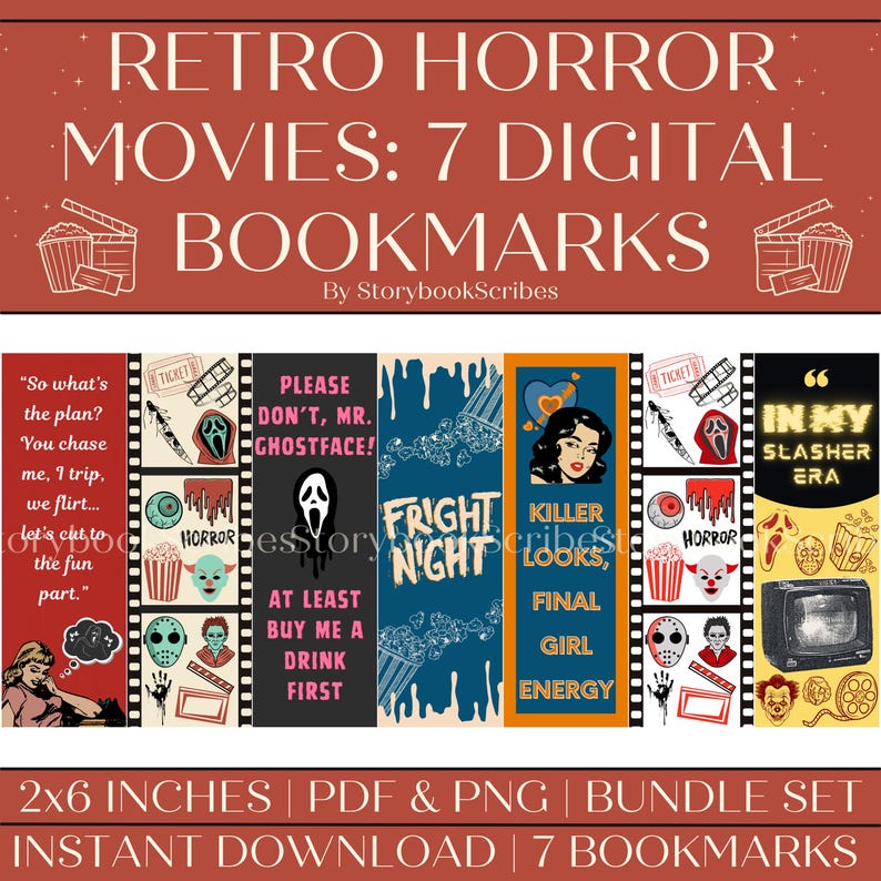 7 Retro Horror Movies Printable Bookmarks | Instant Download PNG PDF ...