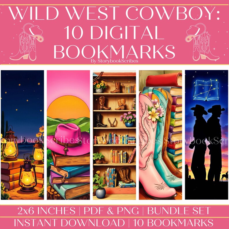 10 Wild West Cowboy Digital Bookmarks Instant Download PDF & PNG Girly ...