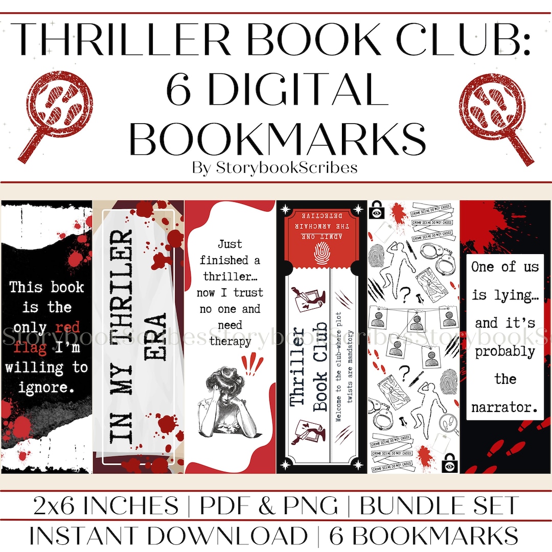 6 Thriller Book Club Printable Bookmark | Instant Download PDF PNG ...