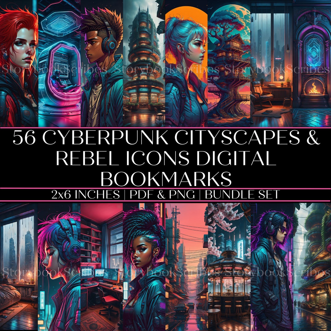 56 'cyberpunk Cityscapes Rebel Icons' Digital Bookmarks Instant ...