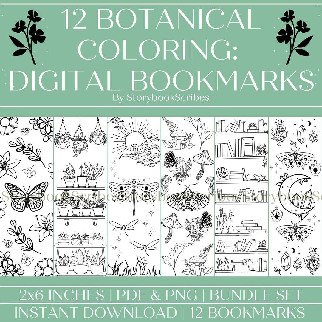 12 Botanical Coloring Printable Bookmarks | Instant Download PNG PDF ...