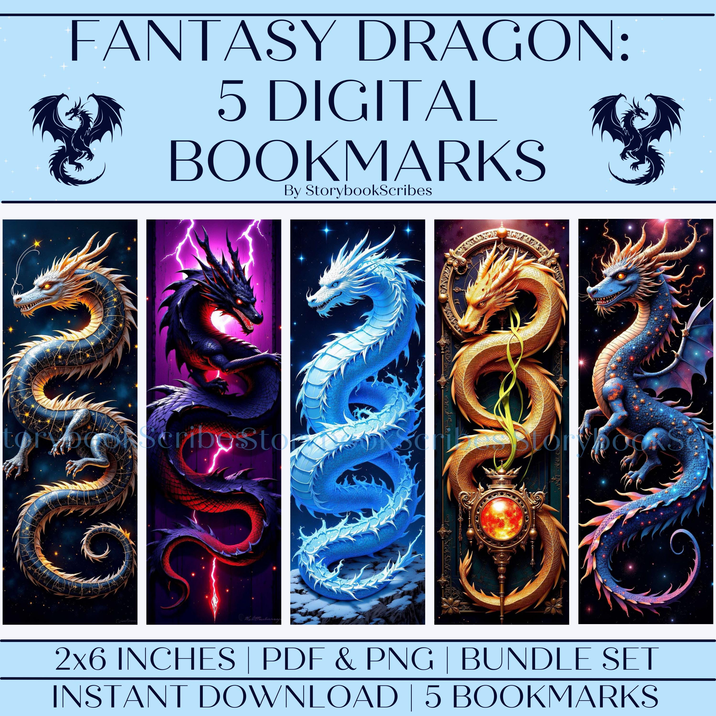 5 Fantasy Dragon Printable Bookmarks | Instant Download PNG & PDF ...