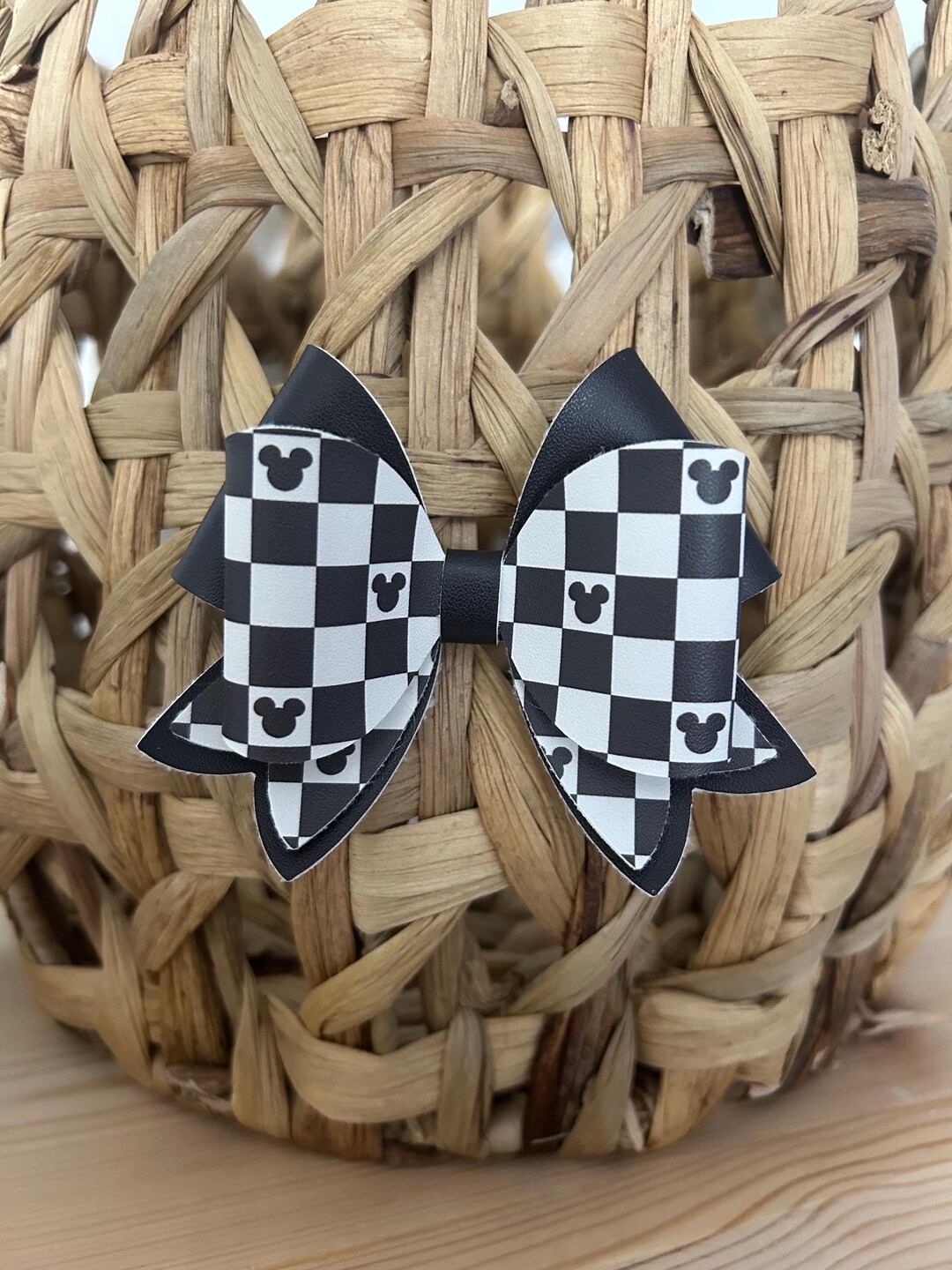 Black and White Checkered Mickey Mouse Head Faux Leather Bow With ...