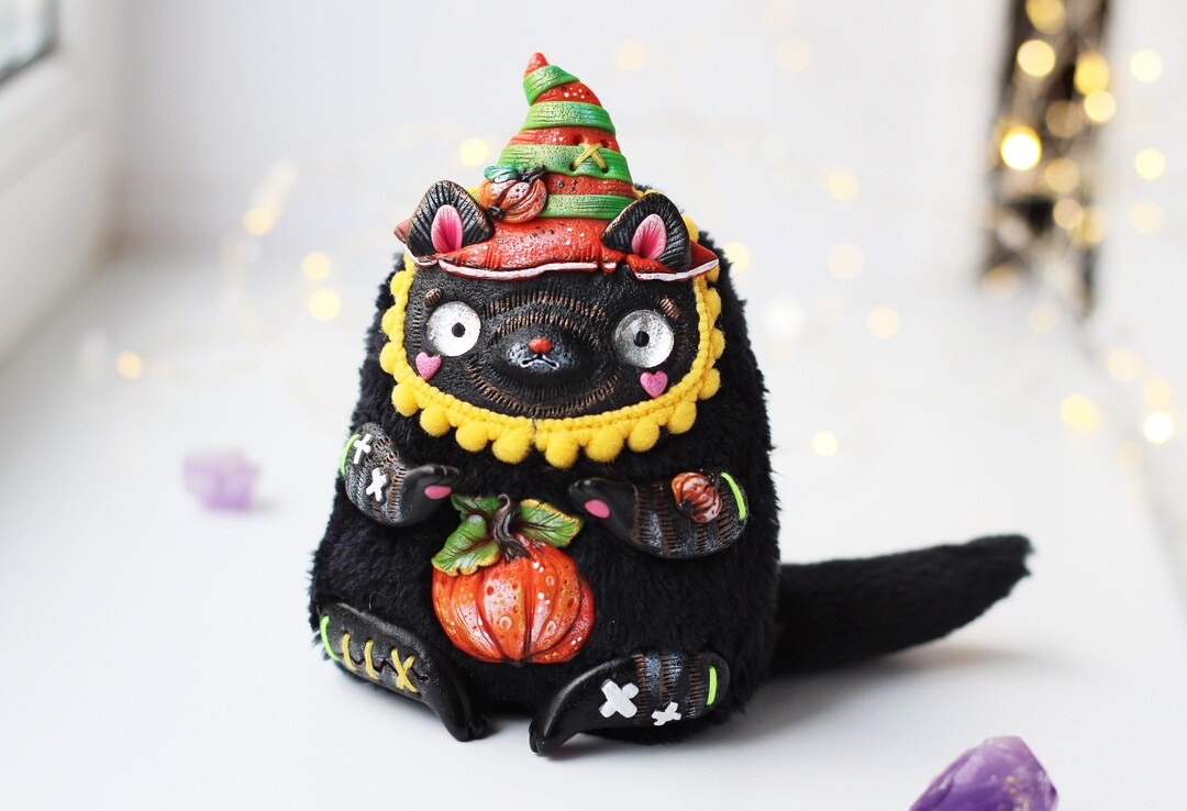 Collectible Art Doll Black Plush Fluffy Cat Toy, Creepy Witch Doll With ...