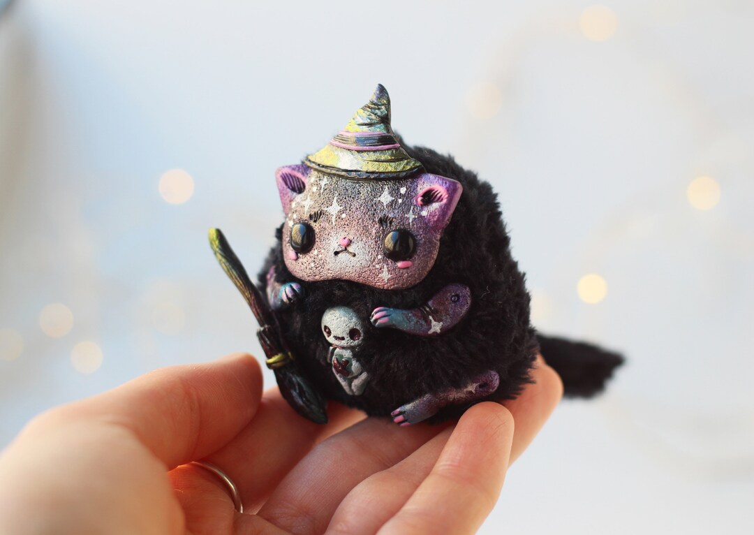 Creepy Cat Doll , Miniature Black Plush Kitty Toy, Witch Cute Figurine ...