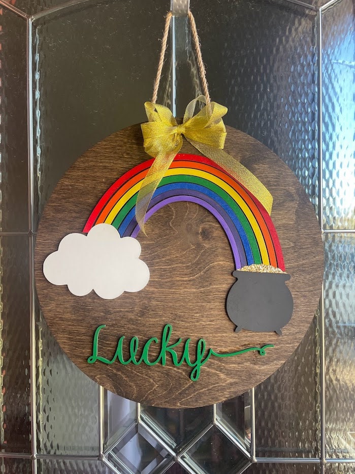 Lucky Rainbow Pot of Gold Welcome Door Hanger, Welcome Sign Round Door ...
