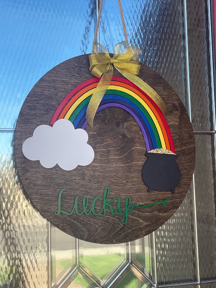 Lucky Rainbow Pot of Gold Welcome Door Hanger, Welcome Sign Round Door ...