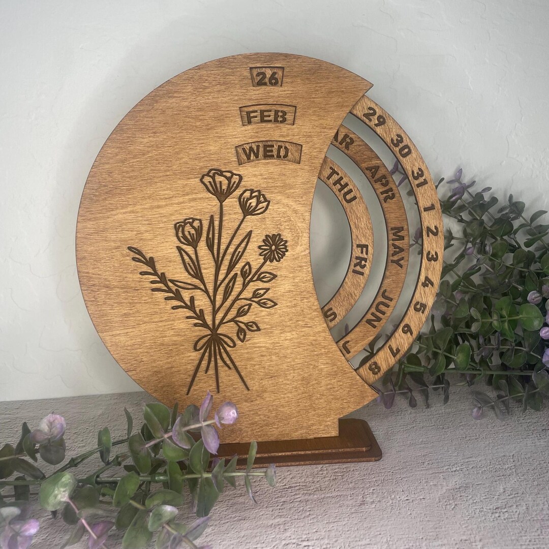 Wooden Rotating Calendar, Day and Week, Weekday, Cute Calendar, Floral ...