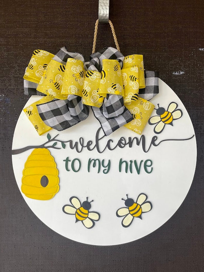 Welcome to Our Hive Bumble Bee Door Hanger Shaped Front Door Decor ...