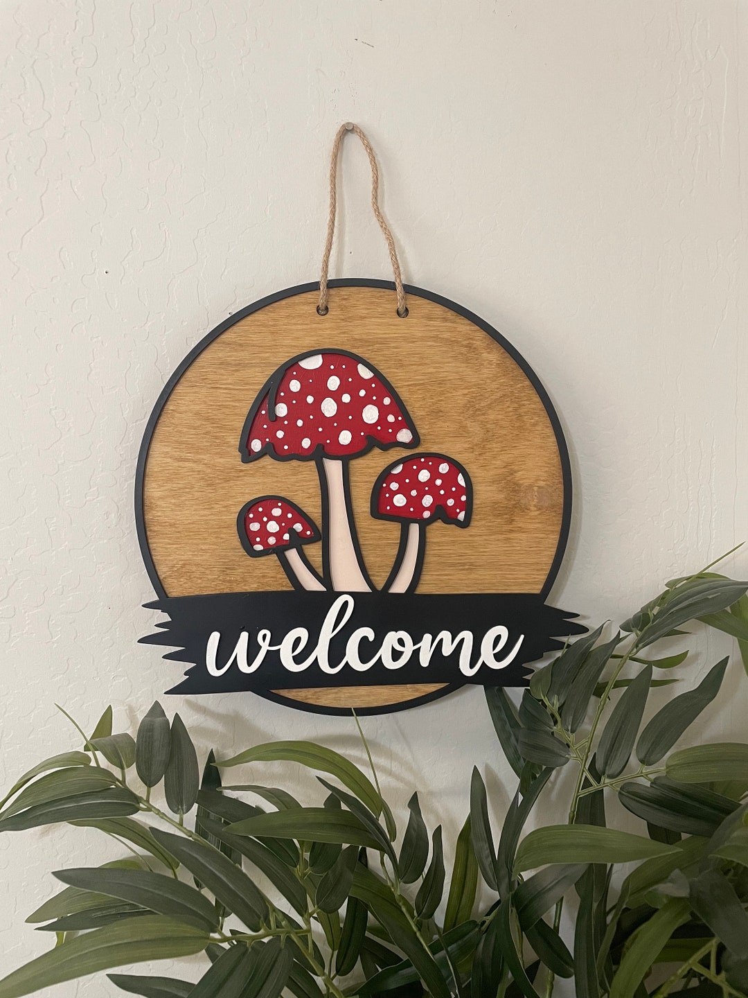 Mushroom Welcome Door Hanger Summer Front Door Decor Front Door Wreath ...