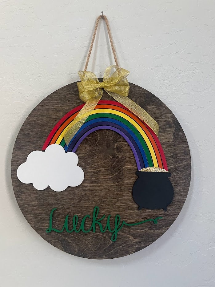 Lucky Rainbow Pot of Gold Welcome Door Hanger, Welcome Sign Round Door ...