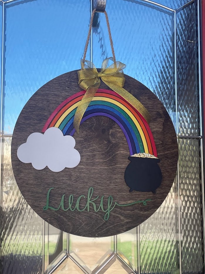 Lucky Rainbow Pot of Gold Welcome Door Hanger, Welcome Sign Round Door ...