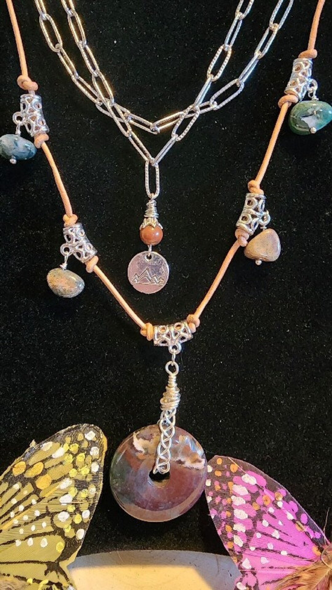 Stone Disc Pendant Leather and Chain Layered Necklace - Bohemian Style ...