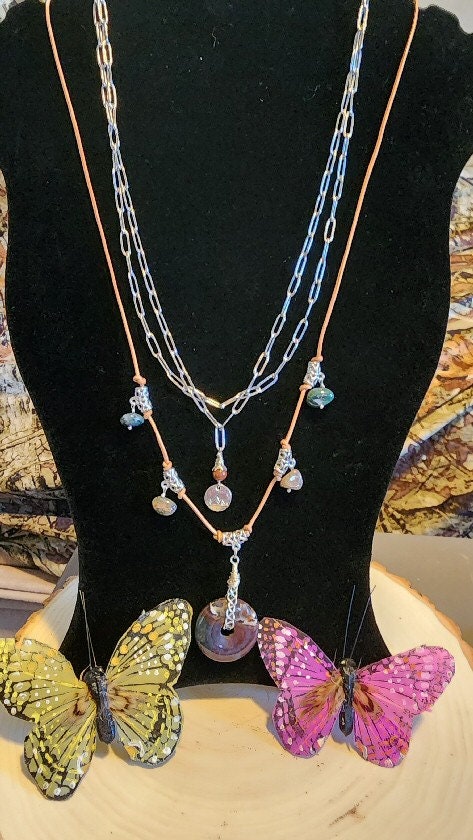 Stone Disc Pendant Leather and Chain Layered Necklace - Bohemian Style ...