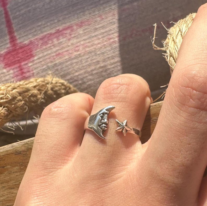 925 Silver Crescent Moon Ring Hand Made Pure 925 Silver Adjustable Moon and Star Ring Vintage ...