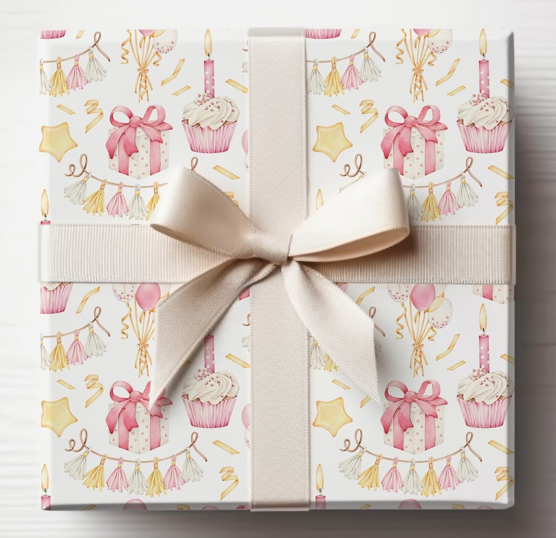 Happy Birthday Wrapping Paper, Pink Cake Birthday Gift Wrap, Wrapping ...