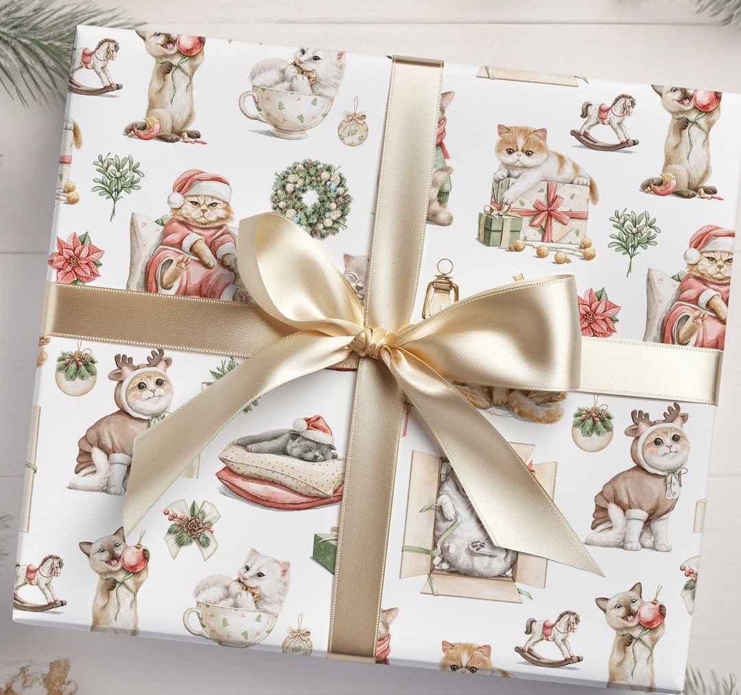 Christmas Cat Gift Wrap, Merry Christmas Wrapping Paper, Vintage Gift ...