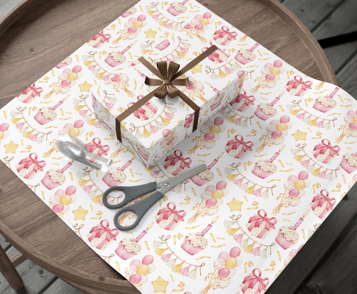 Happy Birthday Wrapping Paper, Pink Cake Birthday Gift Wrap, Wrapping ...