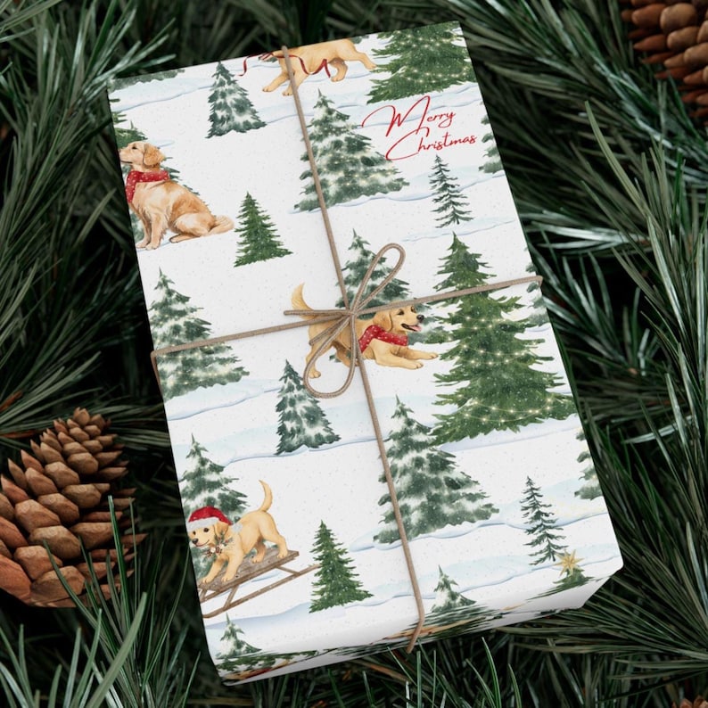 Snowy Golden Retriever Puppies Christmas Wrapping Paper, Retriever Dog ...