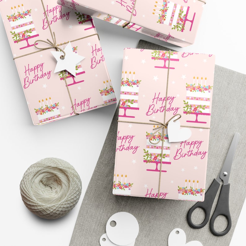 Happy Birthday Wrapping Paper, Pink Cake Birthday Gift Wrap, Wrapping ...