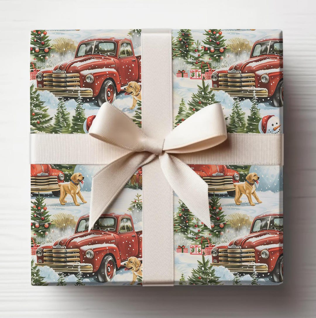 Christmas Dog Gift Wrap, Vintage Red Truck Christmas Wrapping Paper ...